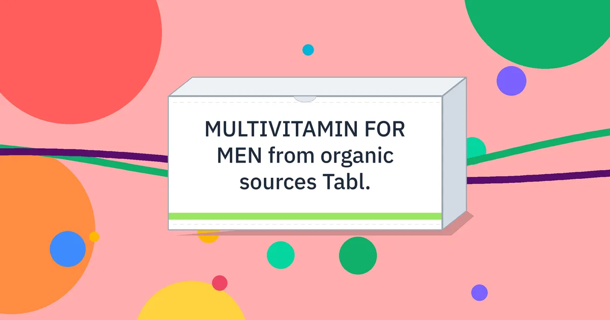Symbolbild: Packung mit der Aufschrift MULTIVITAMIN FOR MEN from organic sources Tabl. (PZN 20399820) – Verfügbarkeit und Bezug in Apotheken in Frankfurt am Main