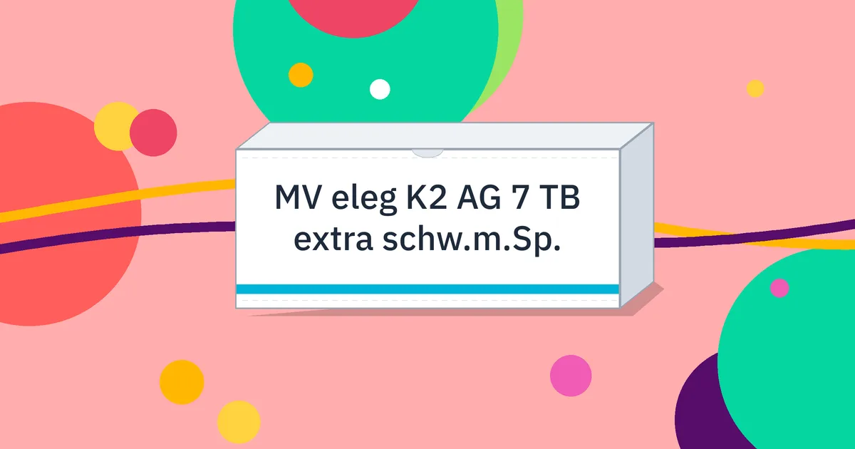 Symbolbild: Packung mit der Aufschrift MV eleg K2 AG 7 TB extra schw.m.Sp. (PZN 09877035) – Verfügbarkeit und Bezug in Apotheken in Frankfurt am Main