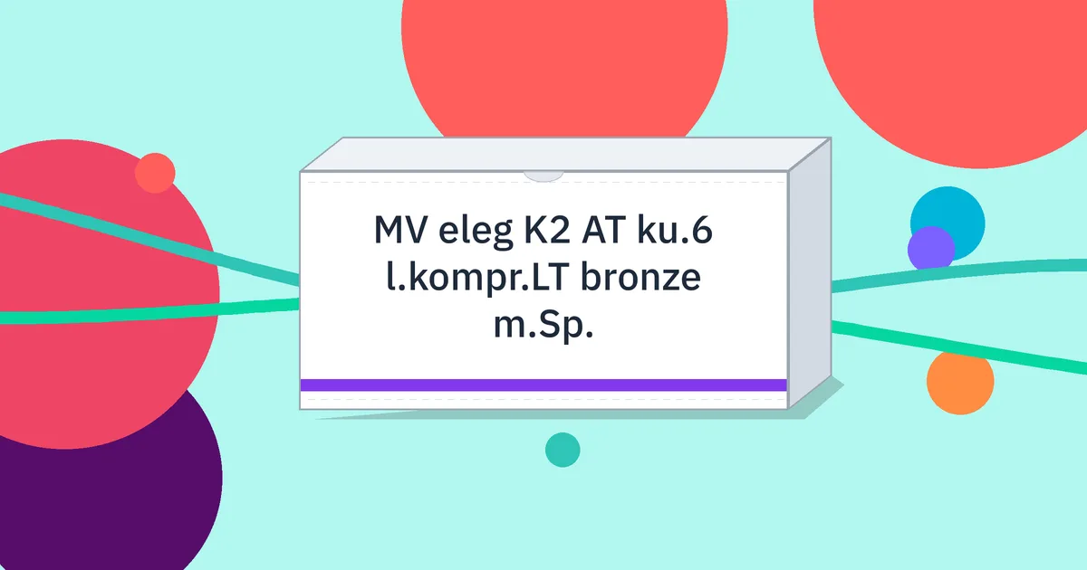 Symbolbild: Packung mit der Aufschrift MV eleg K2 AT ku.6 l.kompr.LT bronze m.Sp. (PZN 15287444) – Verfügbarkeit und Bezug in Apotheken in Frankfurt am Main