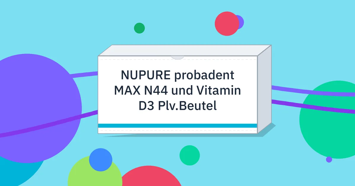 Symbolbild: Packung mit der Aufschrift NUPURE probadent MAX N44 und Vitamin D3 Plv.Beutel (PZN 19943425) – Verfügbarkeit und Bezug in Apotheken in Frankfurt am Main