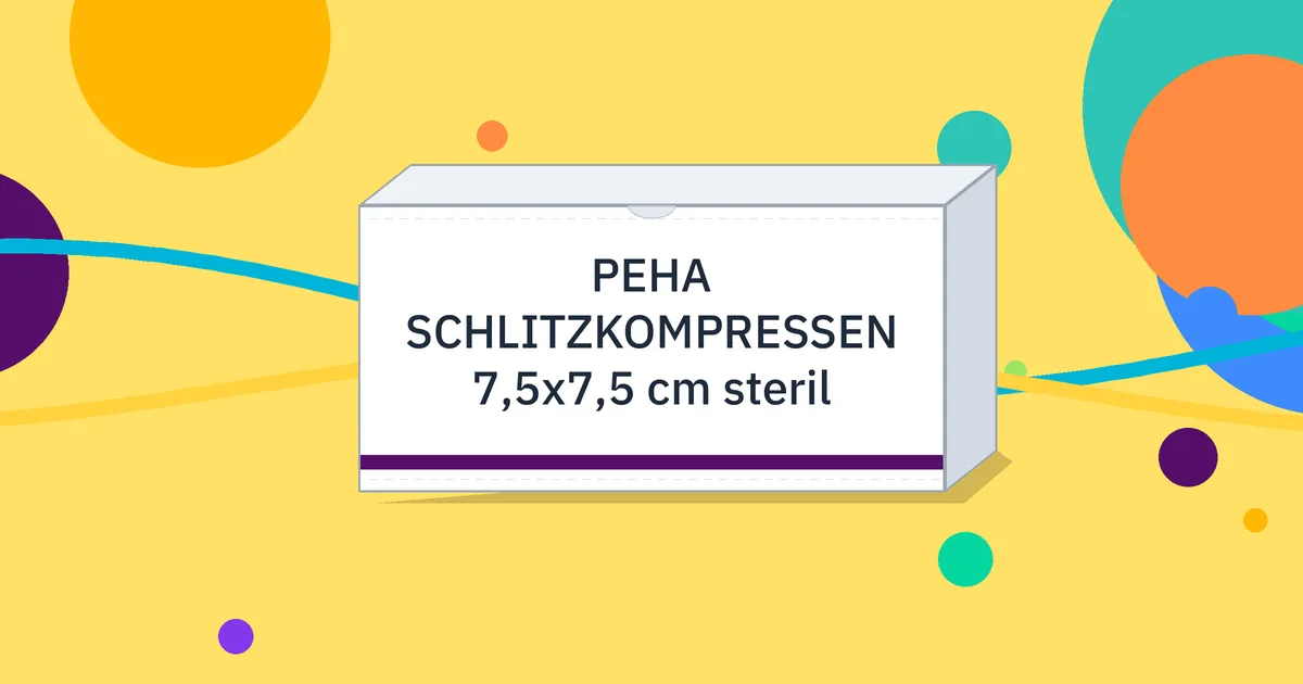 Symbolbild: Packung mit der Aufschrift PEHA SCHLITZKOMPRESSEN 7,5x7,5 cm steril (PZN 20125206) – Verfügbarkeit und Bezug in Apotheken in Frankfurt am Main