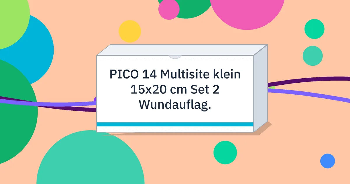 Symbolbild: Packung mit der Aufschrift PICO 14 Multisite klein 15x20 cm Set 2 Wundauflag. (PZN 15261657) – Verfügbarkeit und Bezug in Apotheken in Frankfurt am Main