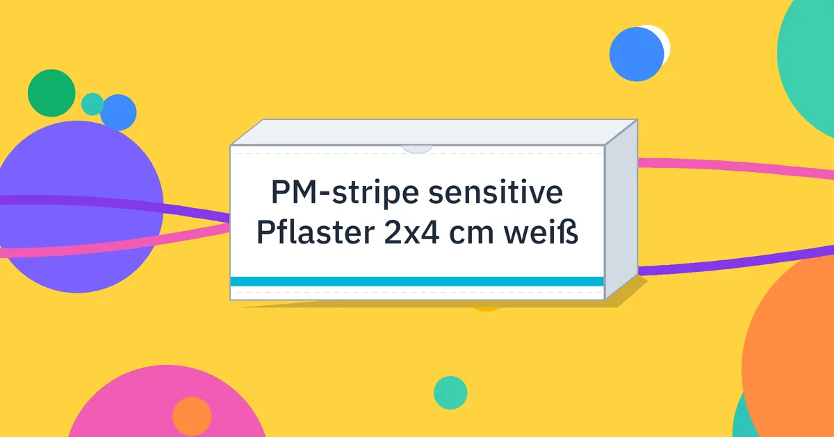 Symbolbild: Packung mit der Aufschrift PM-stripe sensitive Pflaster 2x4 cm weiß (PZN 18844744) – Verfügbarkeit und Bezug in Apotheken in Frankfurt am Main