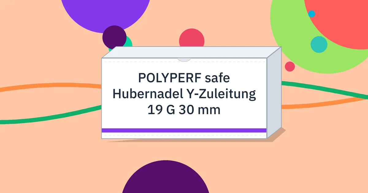 Symbolbild: Packung mit der Aufschrift POLYPERF safe Hubernadel Y-Zuleitung 19 G 30 mm (PZN 18114135) – Verfügbarkeit und Bezug in Apotheken in Frankfurt am Main