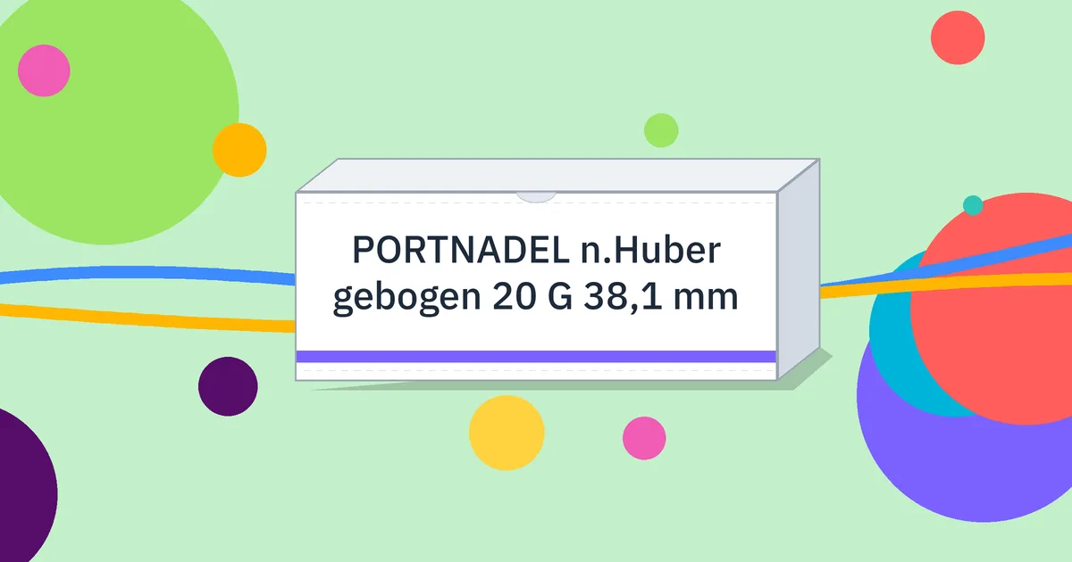 Symbolbild: Packung mit der Aufschrift PORTNADEL n.Huber gebogen 20 G 38,1 mm (PZN 00108186) – Verfügbarkeit und Bezug in Apotheken in Frankfurt am Main