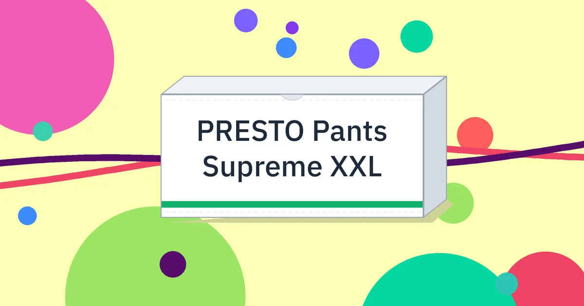 Symbolbild: Packung mit der Aufschrift PRESTO Pants Supreme XXL (PZN 19386290) – Verfügbarkeit und Bezug in Apotheken in Frankfurt am Main