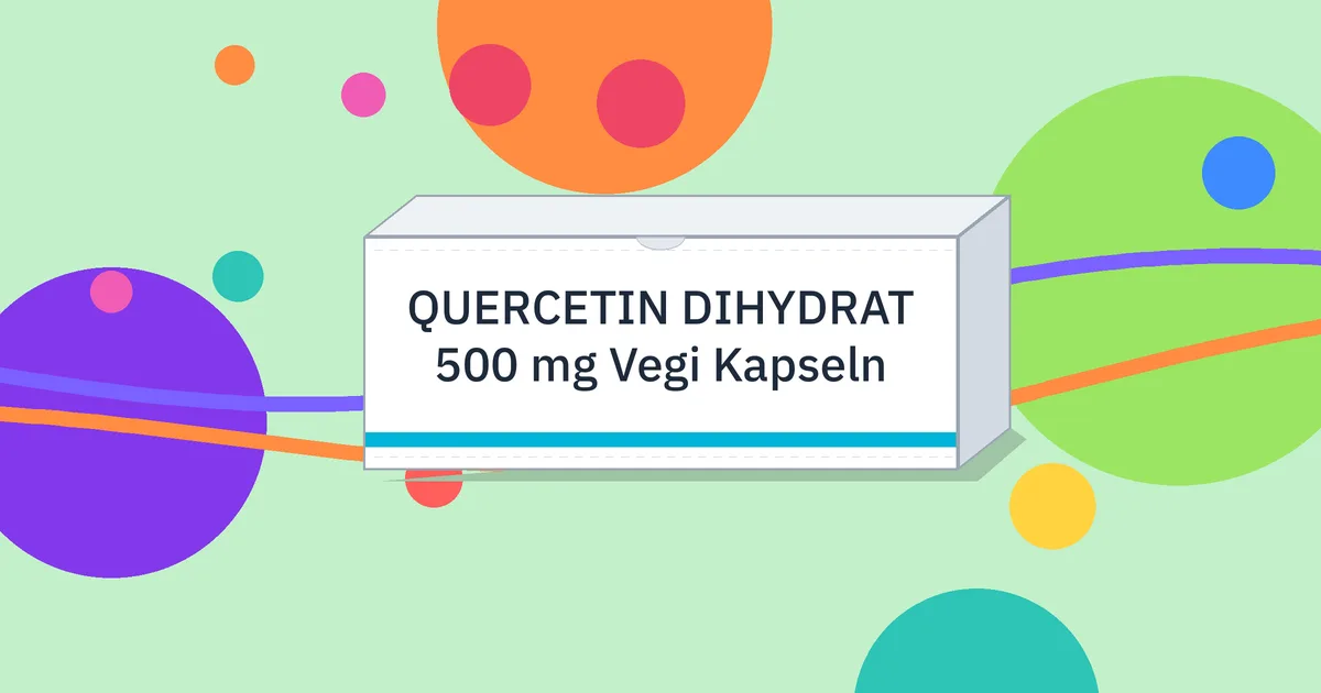 Symbolbild: Packung mit der Aufschrift QUERCETIN DIHYDRAT 500 mg Vegi Kapseln (PZN 15246095) – Verfügbarkeit und Bezug in Apotheken in Frankfurt am Main