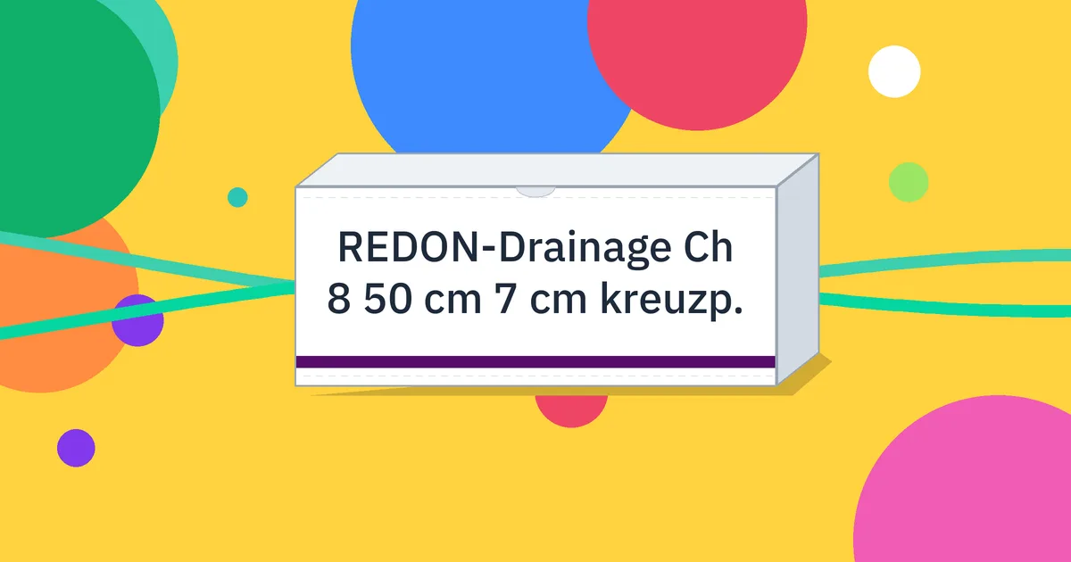 Symbolbild: Packung mit der Aufschrift REDON-Drainage Ch 8 50 cm 7 cm kreuzp. (PZN 17483712) – Verfügbarkeit und Bezug in Apotheken in Frankfurt am Main