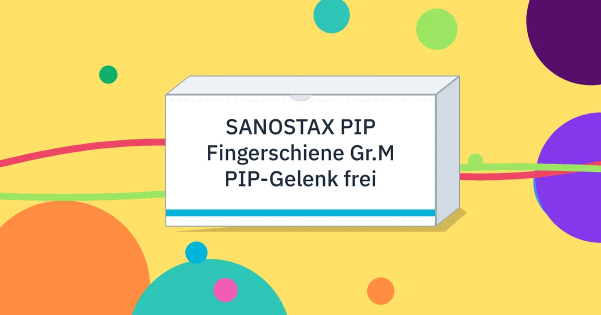 Symbolbild: Packung mit der Aufschrift SANOSTAX PIP Fingerschiene Gr.M PIP-Gelenk frei (PZN 12776349) – Verfügbarkeit und Bezug in Apotheken in Frankfurt am Main