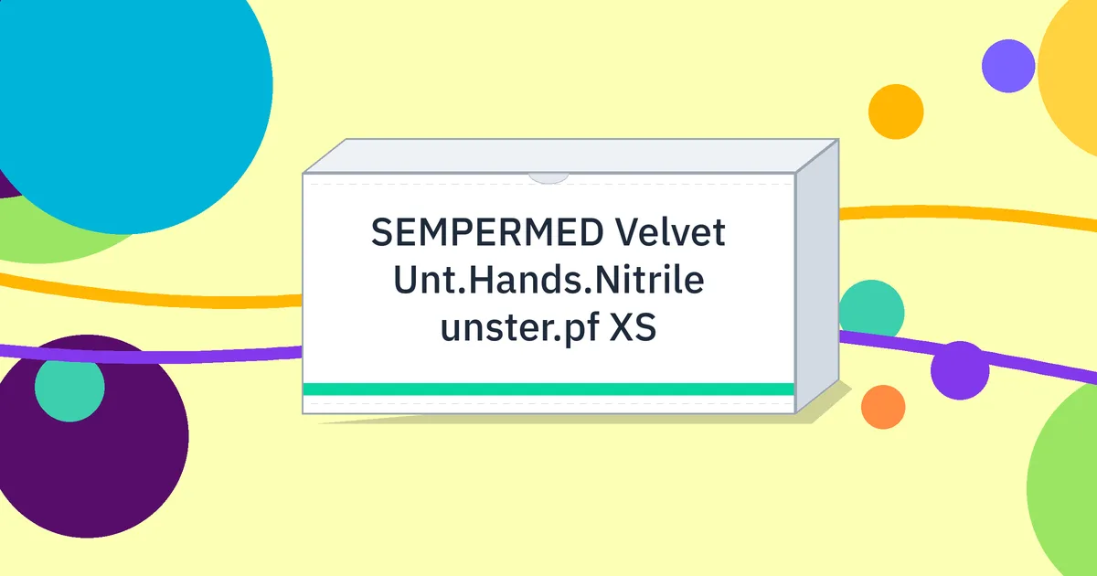 Symbolbild: Packung mit der Aufschrift SEMPERMED Velvet Unt.Hands.Nitrile unster.pf XS (PZN 19971284) – Verfügbarkeit und Bezug in Apotheken in Frankfurt am Main