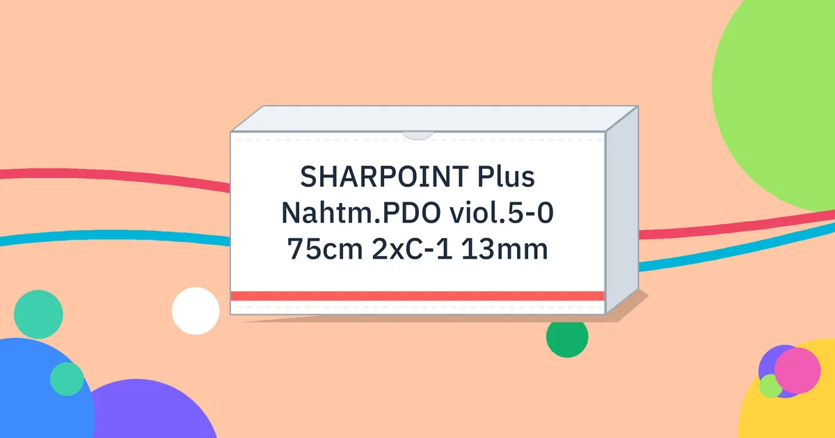 Symbolbild: Packung mit der Aufschrift SHARPOINT Plus Nahtm.PDO viol.5-0 75cm 2xC-1 13mm (PZN 17994341) – Verfügbarkeit und Bezug in Apotheken in Frankfurt am Main