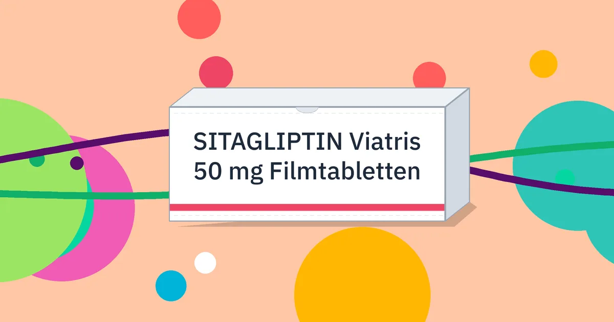 Symbolbild: Packung mit der Aufschrift SITAGLIPTIN Viatris 50 mg Filmtabletten (PZN 19953145) – Verfügbarkeit und Bezug in Apotheken in Frankfurt am Main