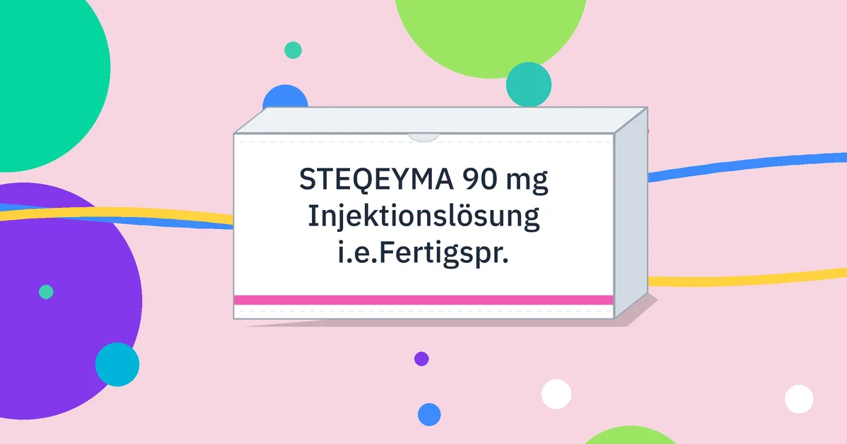 Symbolbild: Packung mit der Aufschrift STEQEYMA 90 mg Injektionslösung i.e.Fertigspr. (PZN 19851048) – Verfügbarkeit und Bezug in Apotheken in Frankfurt am Main