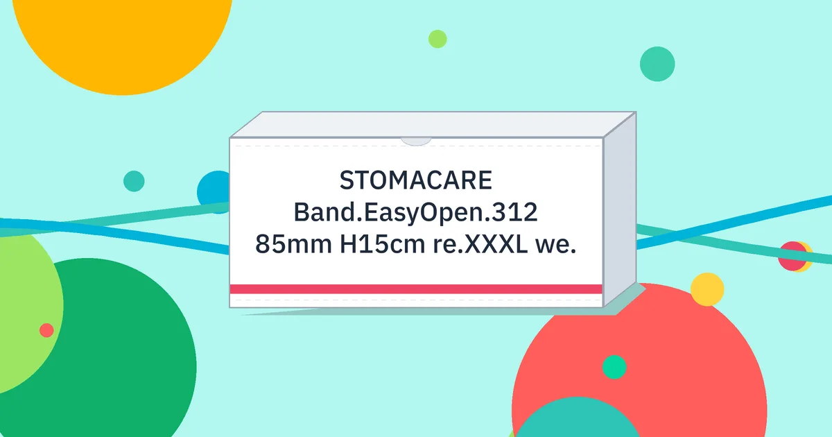 Symbolbild: Packung mit der Aufschrift STOMACARE Band.EasyOpen.312 85mm H15cm re.XXXL we. (PZN 09437810) – Verfügbarkeit und Bezug in Apotheken in Frankfurt am Main