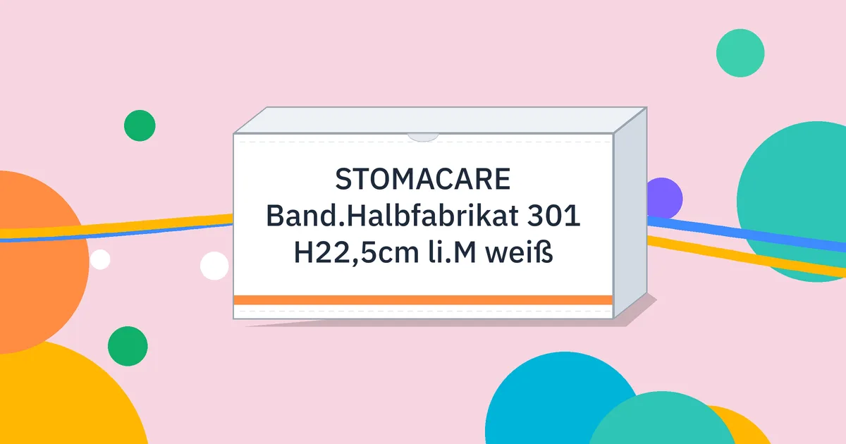 Symbolbild: Packung mit der Aufschrift STOMACARE Band.Halbfabrikat 301 H22,5cm li.M weiß (PZN 03413895) – Verfügbarkeit und Bezug in Apotheken in Frankfurt am Main