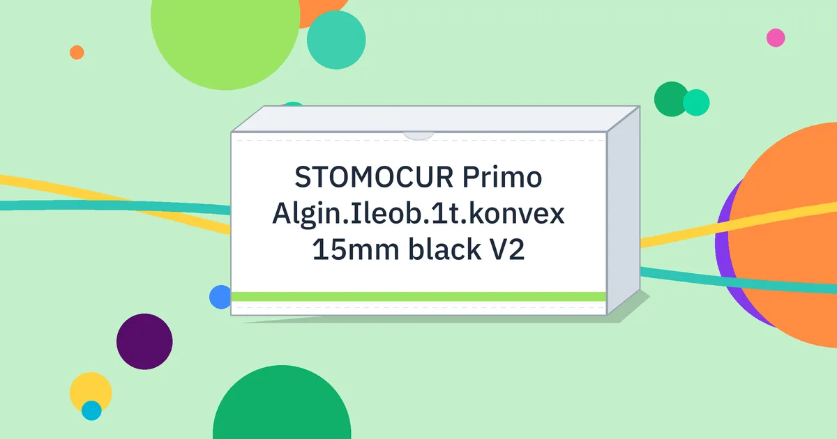 Symbolbild: Packung mit der Aufschrift STOMOCUR Primo Algin.Ileob.1t.konvex 15mm black V2 (PZN 19536737) – Verfügbarkeit und Bezug in Apotheken in Frankfurt am Main