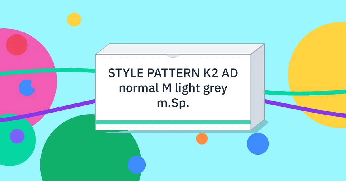 Symbolbild: Packung mit der Aufschrift STYLE PATTERN K2 AD normal M light grey m.Sp. (PZN 19694956) – Verfügbarkeit und Bezug in Apotheken in Frankfurt am Main