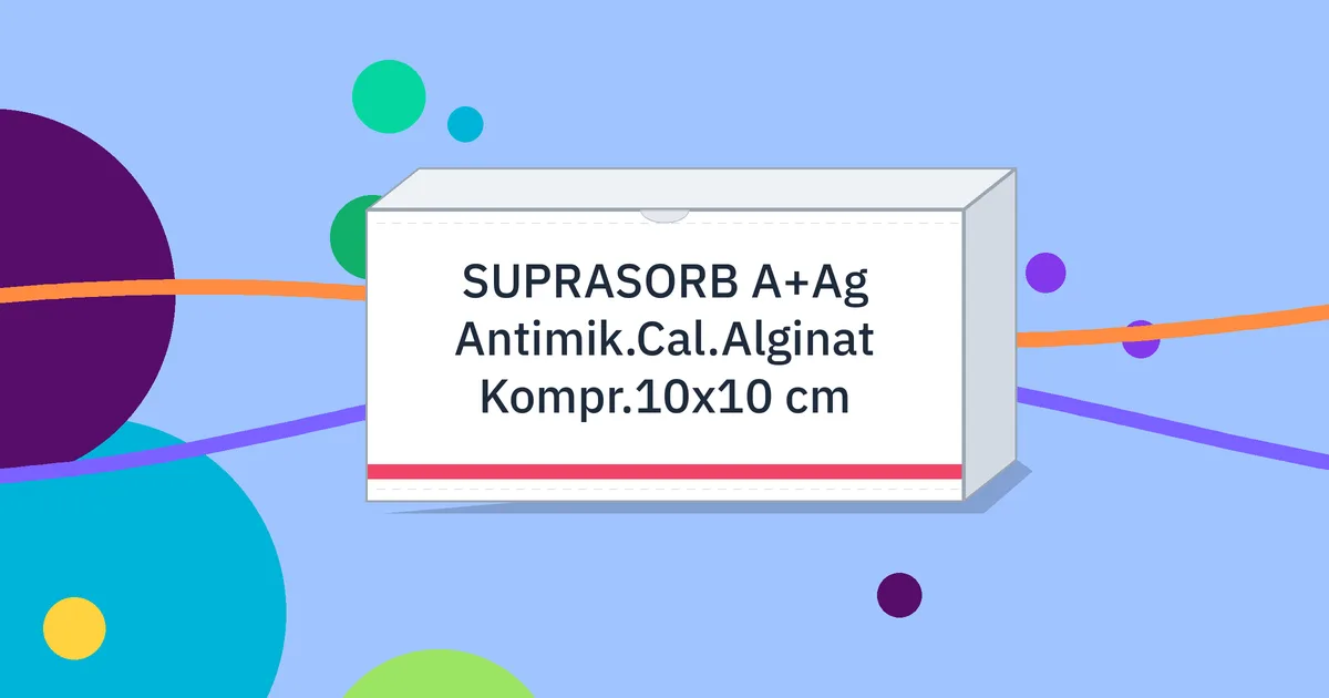 Symbolbild: Packung mit der Aufschrift SUPRASORB A+Ag Antimik.Cal.Alginat Kompr.10x10 cm (PZN 20933188) – Verfügbarkeit und Bezug in Apotheken in Frankfurt am Main