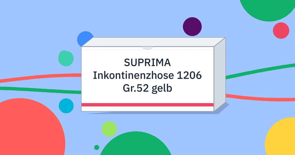 Symbolbild: Packung mit der Aufschrift SUPRIMA Inkontinenzhose 1206 Gr.52 gelb (PZN 01514959) – Verfügbarkeit und Bezug in Apotheken in Frankfurt am Main