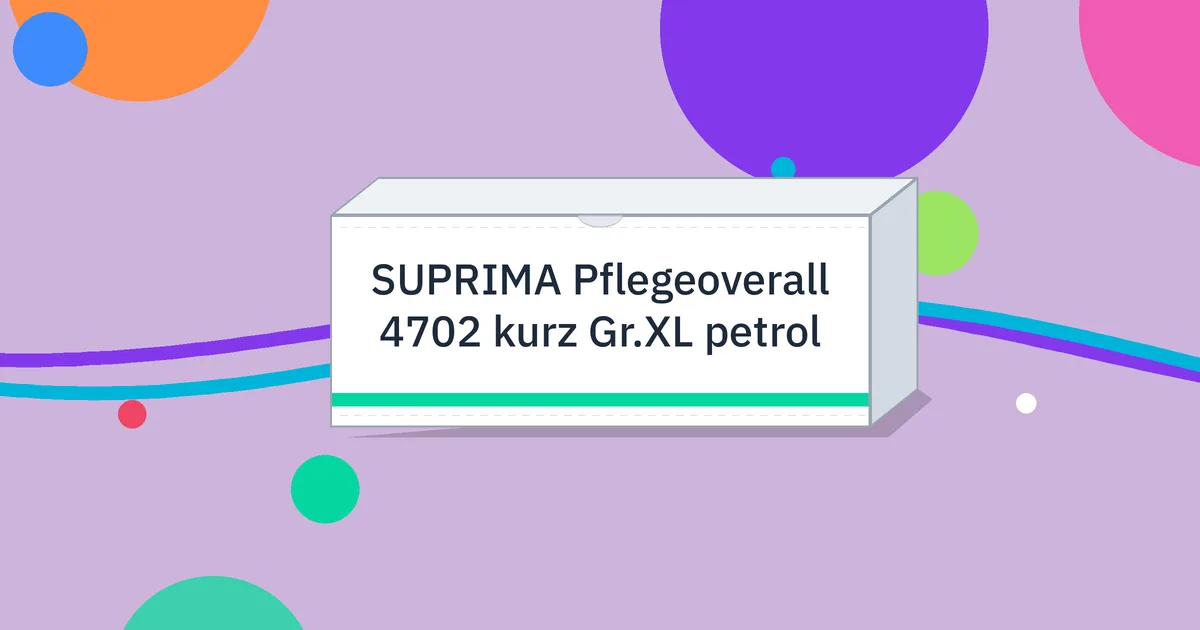 Symbolbild: Packung mit der Aufschrift SUPRIMA Pflegeoverall 4702 kurz Gr.XL petrol (PZN 09376787) – Verfügbarkeit und Bezug in Apotheken in Frankfurt am Main