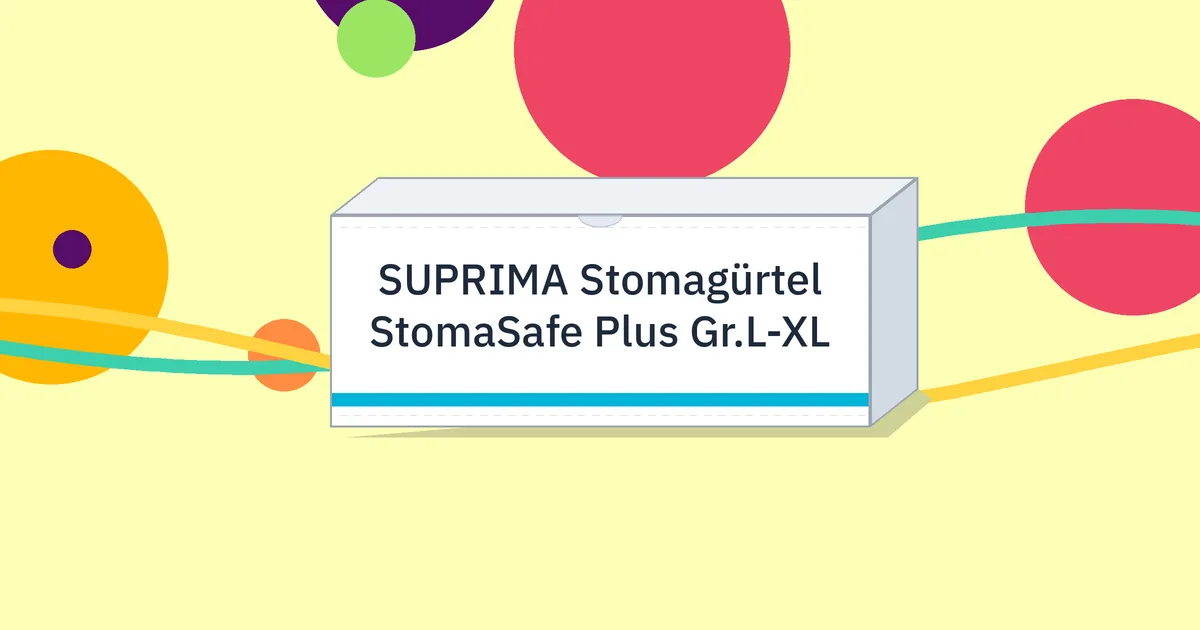Symbolbild: Packung mit der Aufschrift SUPRIMA Stomagürtel StomaSafe Plus Gr.L-XL (PZN 14302880) – Verfügbarkeit und Bezug in Apotheken in Frankfurt am Main