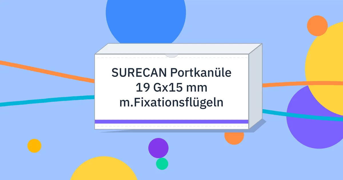 Symbolbild: Packung mit der Aufschrift SURECAN Portkanüle 19 Gx15 mm m.Fixationsflügeln (PZN 16784423) – Verfügbarkeit und Bezug in Apotheken in Frankfurt am Main