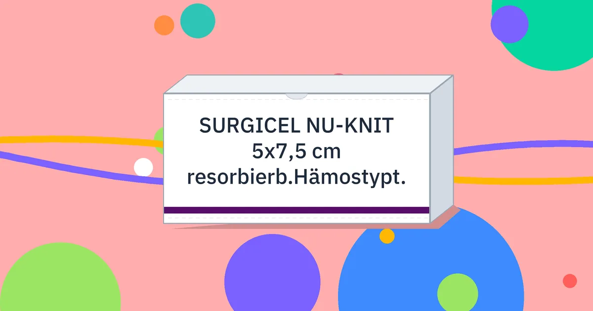 Symbolbild: Packung mit der Aufschrift SURGICEL NU-KNIT 5x7,5 cm resorbierb.Hämostypt. (PZN 19884562) – Verfügbarkeit und Bezug in Apotheken in Frankfurt am Main