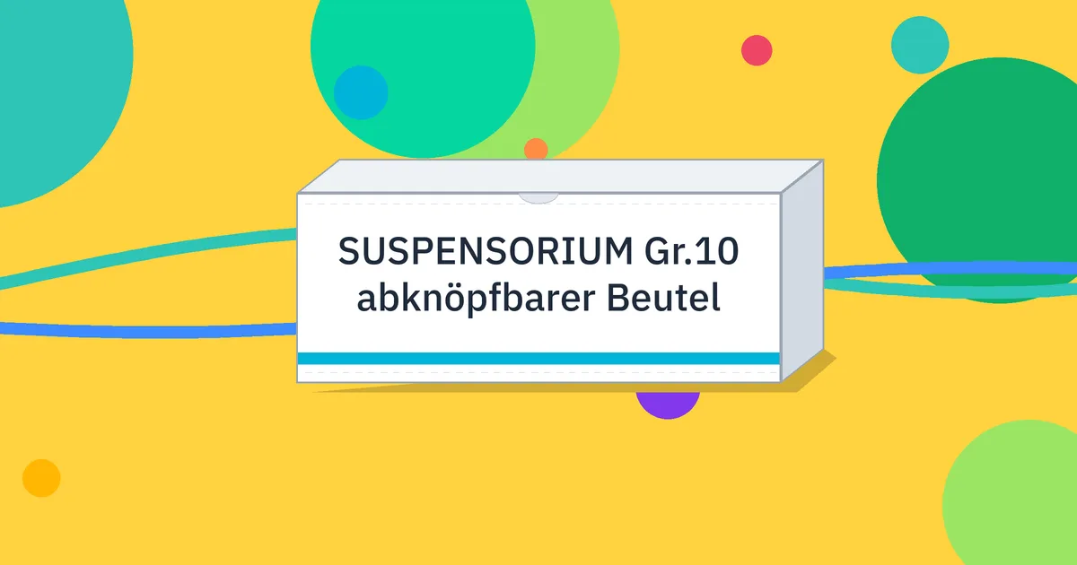 Symbolbild: Packung mit der Aufschrift SUSPENSORIUM Gr.10 abknöpfbarer Beutel (PZN 07354362) – Verfügbarkeit und Bezug in Apotheken in Frankfurt am Main