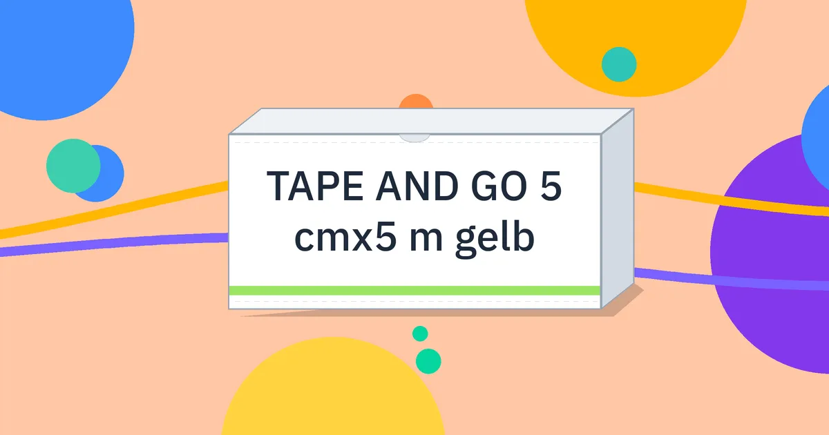 Symbolbild: Packung mit der Aufschrift TAPE AND GO 5 cmx5 m gelb (PZN 16043247) – Verfügbarkeit und Bezug in Apotheken in Frankfurt am Main