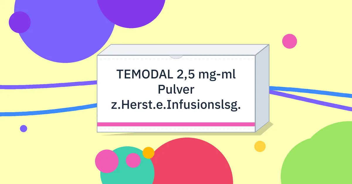 Symbolbild: Packung mit der Aufschrift TEMODAL 2,5 mg-ml Pulver z.Herst.e.Infusionslsg. (PZN 07378322) – Verfügbarkeit und Bezug in Apotheken in Frankfurt am Main