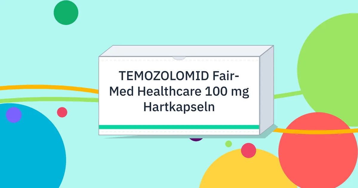 Symbolbild: Packung mit der Aufschrift TEMOZOLOMID Fair-Med Healthcare 100 mg Hartkapseln (PZN 10097489) – Verfügbarkeit und Bezug in Apotheken in Frankfurt am Main