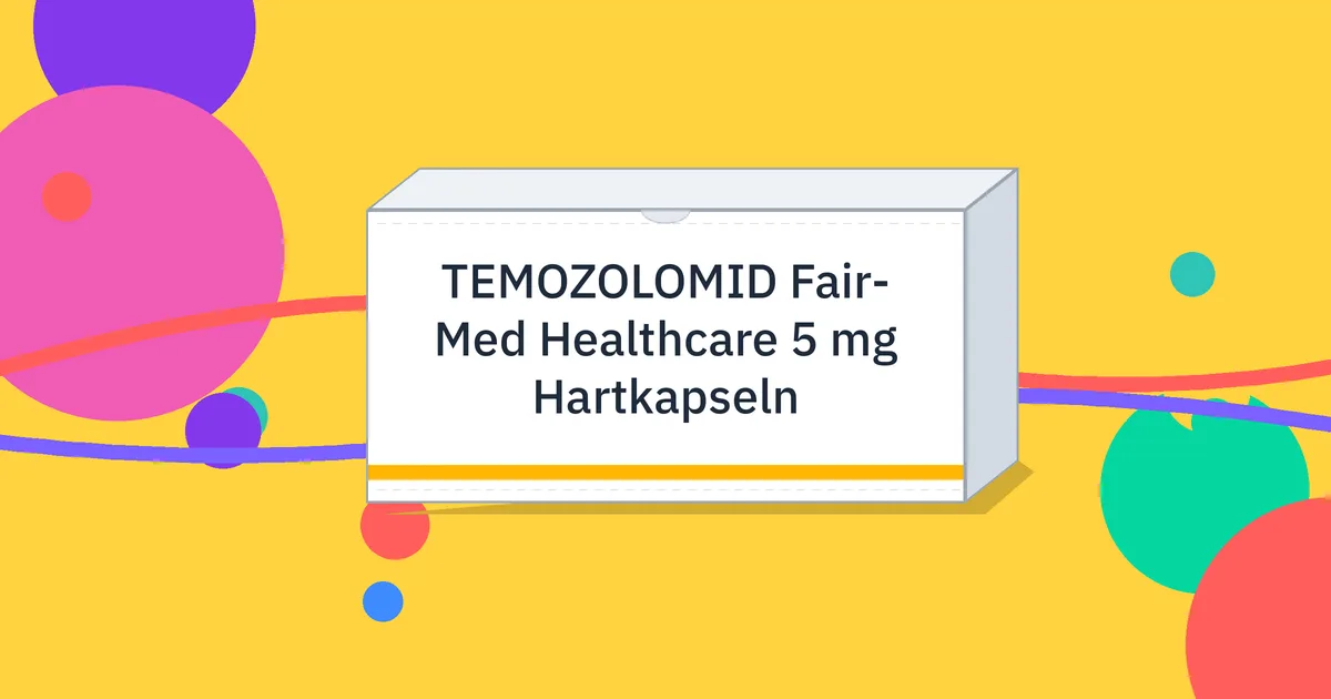 Symbolbild: Packung mit der Aufschrift TEMOZOLOMID Fair-Med Healthcare 5 mg Hartkapseln (PZN 14167962) – Verfügbarkeit und Bezug in Apotheken in Frankfurt am Main