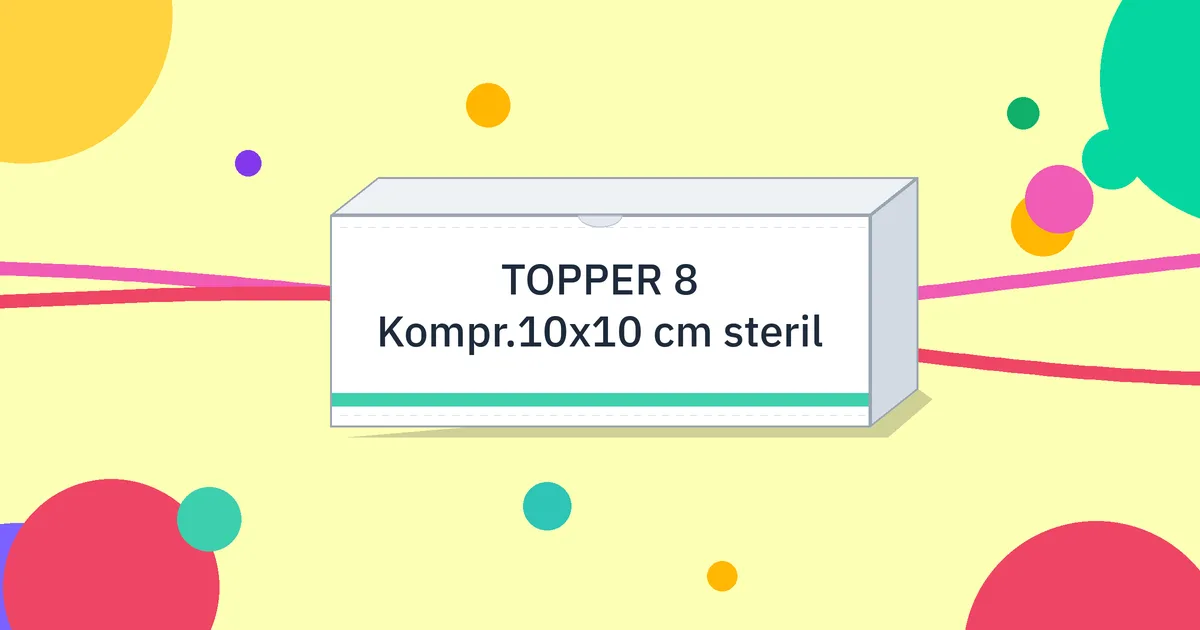 Symbolbild: Packung mit der Aufschrift TOPPER 8 Kompr.10x10 cm steril (PZN 14304821) – Verfügbarkeit und Bezug in Apotheken in Frankfurt am Main