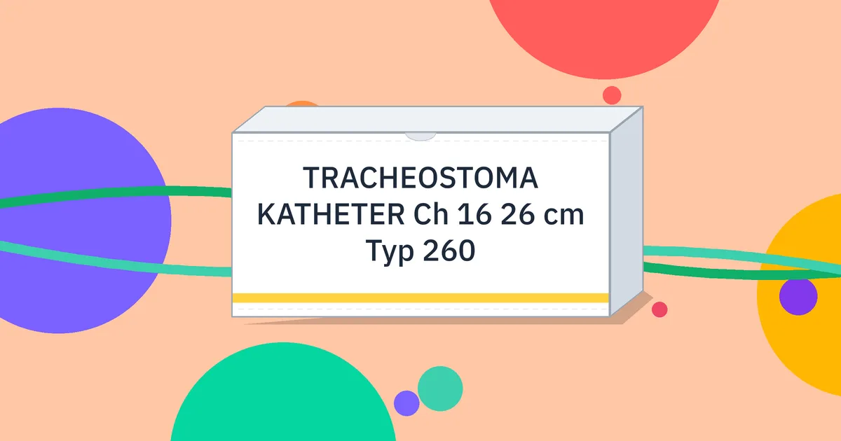 Symbolbild: Packung mit der Aufschrift TRACHEOSTOMA KATHETER Ch 16 26 cm Typ 260 (PZN 00927240) – Verfügbarkeit und Bezug in Apotheken in Frankfurt am Main