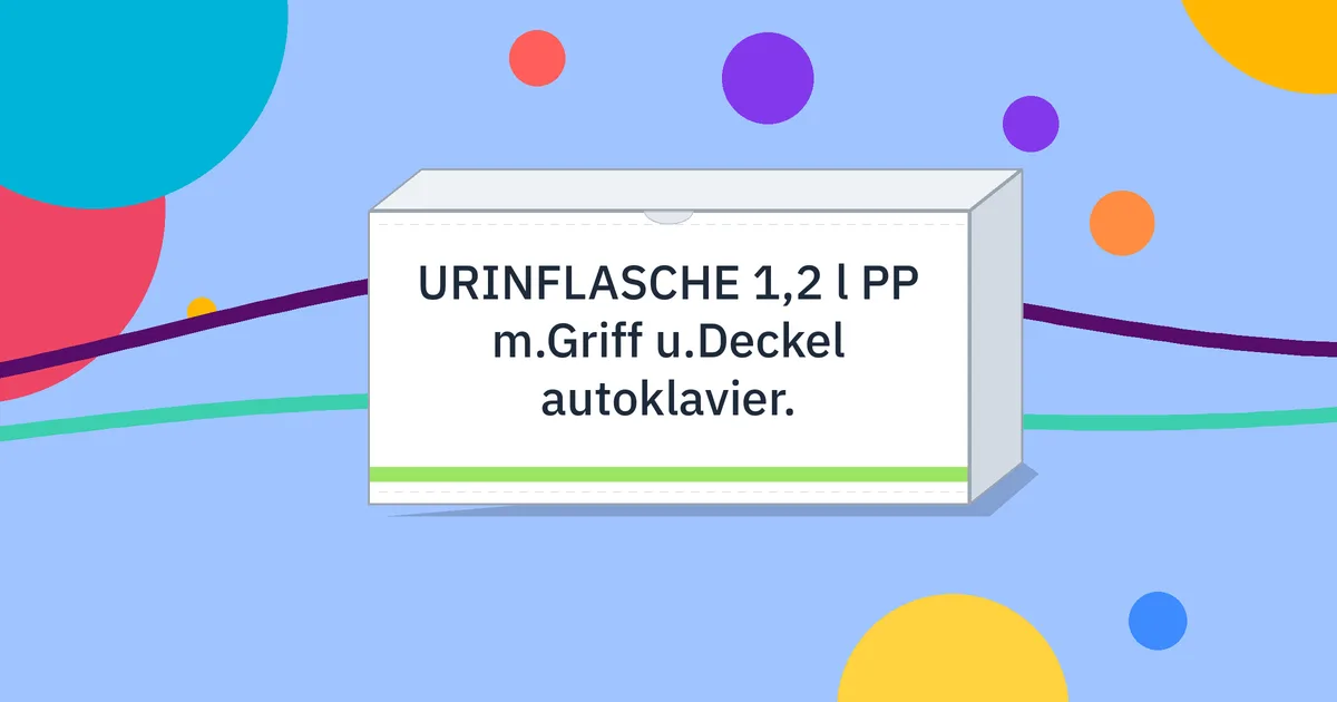 Symbolbild: Packung mit der Aufschrift URINFLASCHE 1,2 l PP m.Griff u.Deckel autoklavier. (PZN 00224981) – Verfügbarkeit und Bezug in Apotheken in Frankfurt am Main
