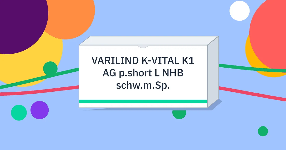 Symbolbild: Packung mit der Aufschrift VARILIND K-VITAL K1 AG p.short L NHB schw.m.Sp. (PZN 20563538) – Verfügbarkeit und Bezug in Apotheken in Frankfurt am Main