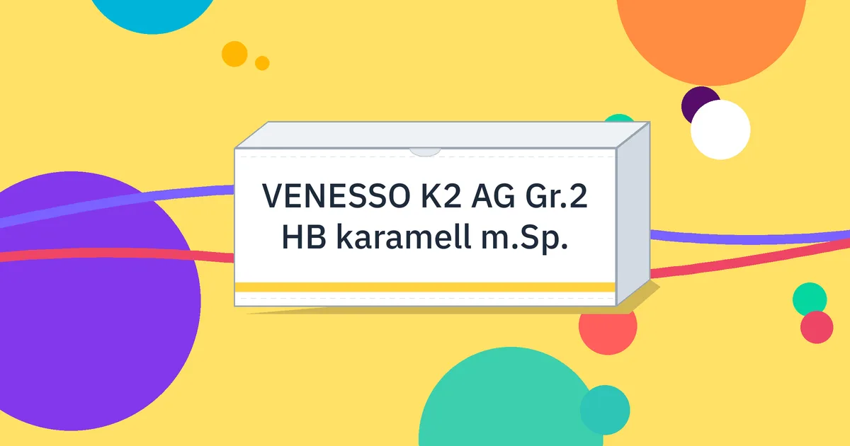 Symbolbild: Packung mit der Aufschrift VENESSO K2 AG Gr.2 HB karamell m.Sp. (PZN 13758218) – Verfügbarkeit und Bezug in Apotheken in Frankfurt am Main