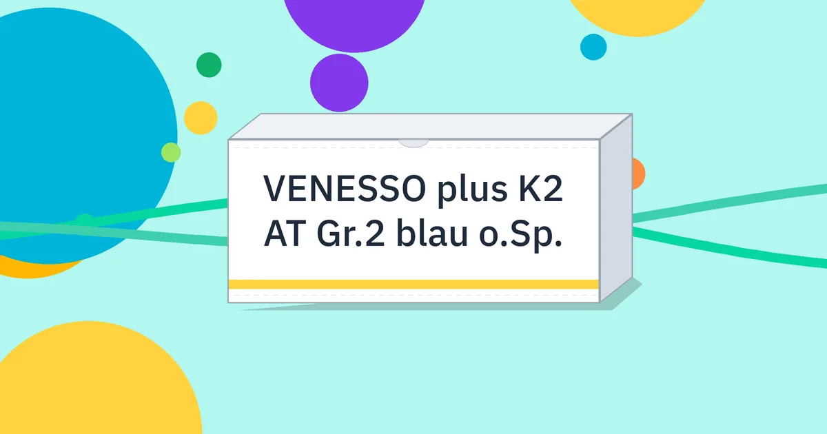 Symbolbild: Packung mit der Aufschrift VENESSO plus K2 AT Gr.2 blau o.Sp. (PZN 03288941) – Verfügbarkeit und Bezug in Apotheken in Frankfurt am Main