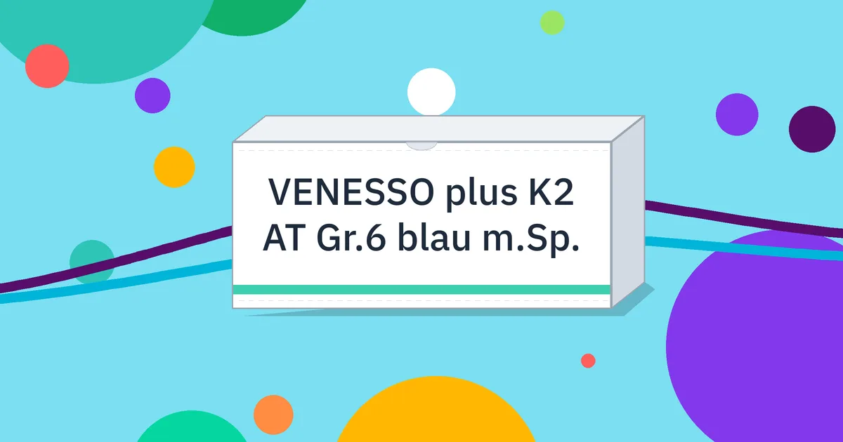 Symbolbild: Packung mit der Aufschrift VENESSO plus K2 AT Gr.6 blau m.Sp. (PZN 03287663) – Verfügbarkeit und Bezug in Apotheken in Frankfurt am Main