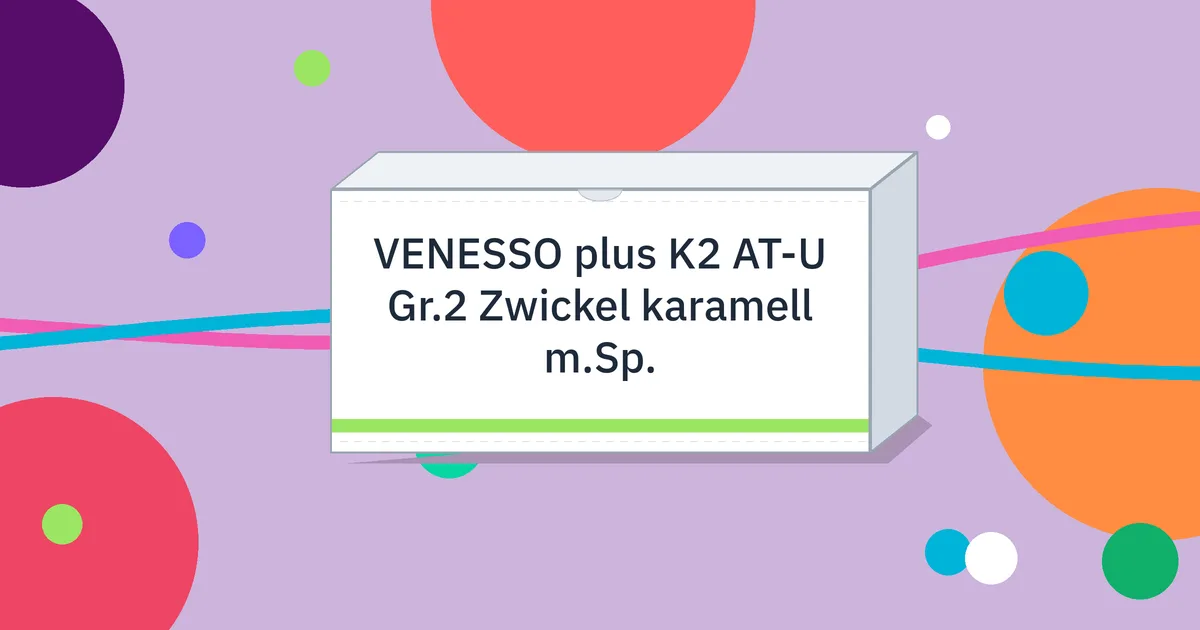 Symbolbild: Packung mit der Aufschrift VENESSO plus K2 AT-U Gr.2 Zwickel karamell m.Sp. (PZN 13759815) – Verfügbarkeit und Bezug in Apotheken in Frankfurt am Main