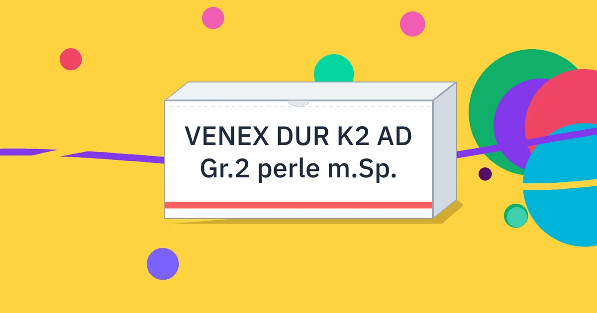 Symbolbild: Packung mit der Aufschrift VENEX DUR K2 AD Gr.2 perle m.Sp. (PZN 03208669) – Verfügbarkeit und Bezug in Apotheken in Frankfurt am Main