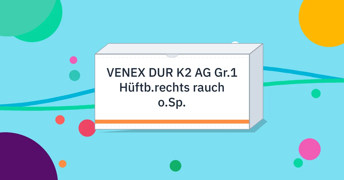 Symbolbild: Packung mit der Aufschrift VENEX DUR K2 AG Gr.1 Hüftb.rechts rauch o.Sp. (PZN 03231361) – Verfügbarkeit und Bezug in Apotheken in Frankfurt am Main