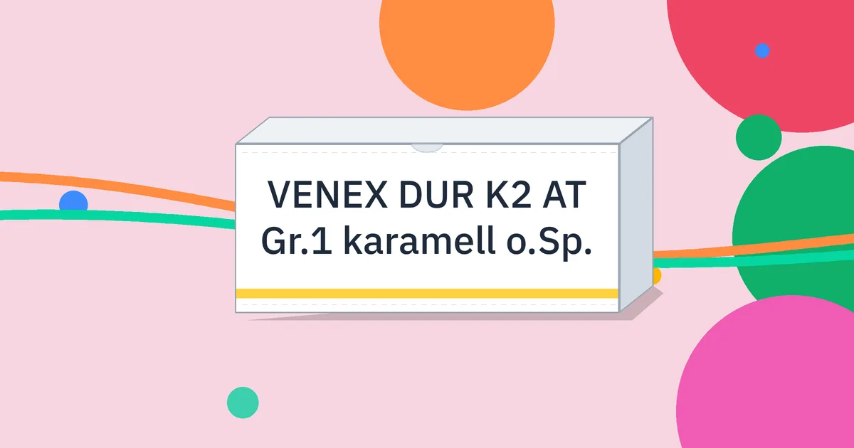 Symbolbild: Packung mit der Aufschrift VENEX DUR K2 AT Gr.1 karamell o.Sp. (PZN 13757957) – Verfügbarkeit und Bezug in Apotheken in Frankfurt am Main