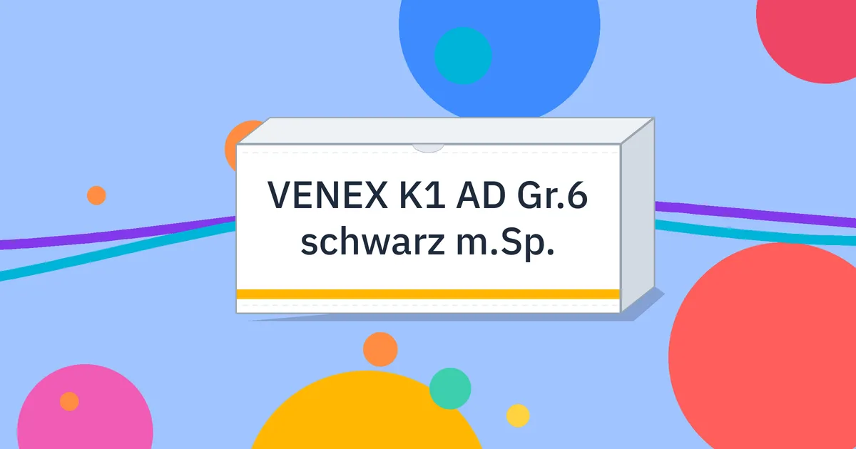 Symbolbild: Packung mit der Aufschrift VENEX K1 AD Gr.6 schwarz m.Sp. (PZN 03184325) – Verfügbarkeit und Bezug in Apotheken in Frankfurt am Main