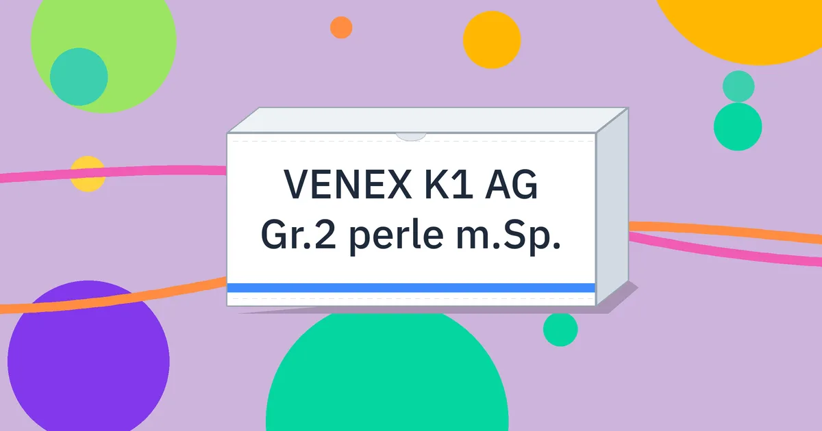 Symbolbild: Packung mit der Aufschrift VENEX K1 AG Gr.2 perle m.Sp. (PZN 03186867) – Verfügbarkeit und Bezug in Apotheken in Frankfurt am Main