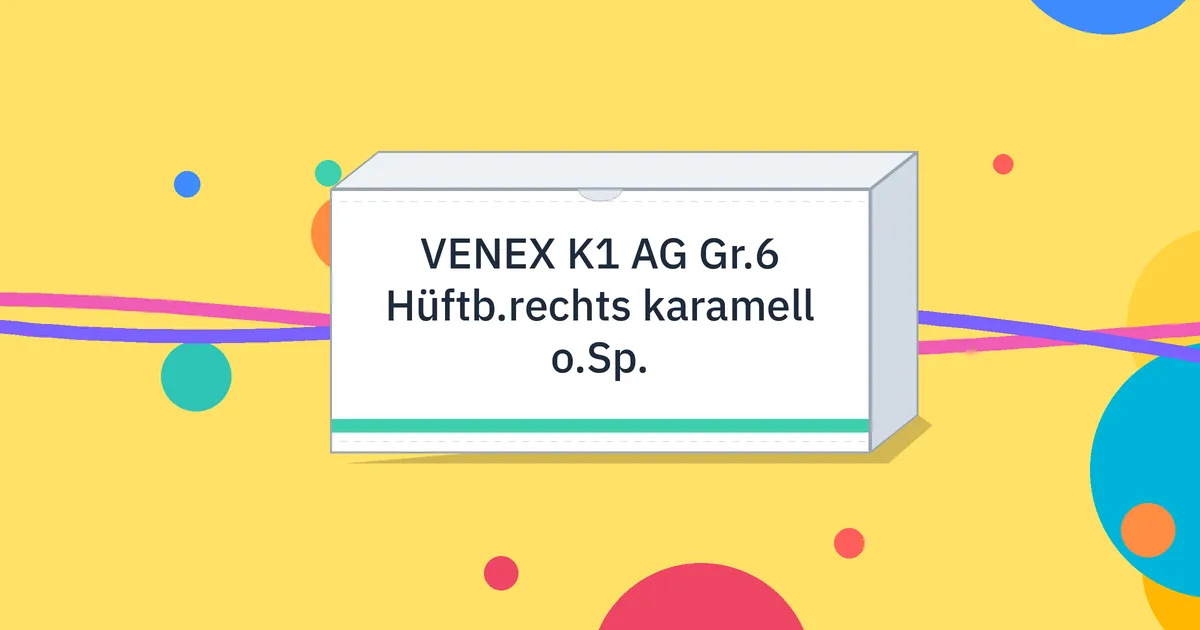 Symbolbild: Packung mit der Aufschrift VENEX K1 AG Gr.6 Hüftb.rechts karamell o.Sp. (PZN 13761031) – Verfügbarkeit und Bezug in Apotheken in Frankfurt am Main