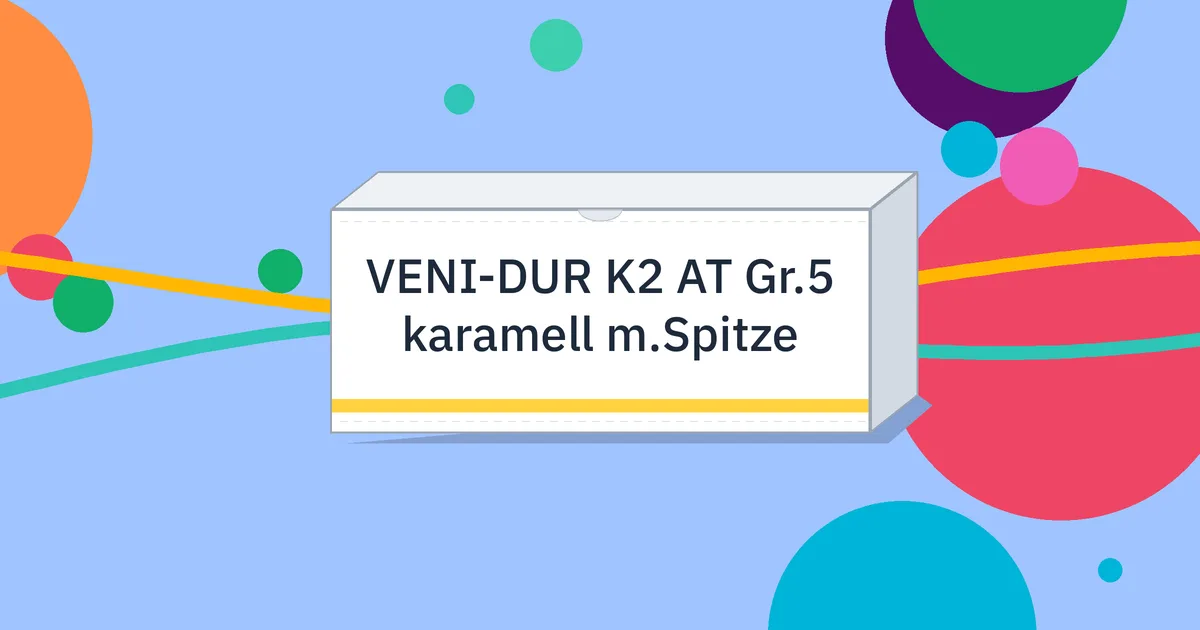 Symbolbild: Packung mit der Aufschrift VENI-DUR K2 AT Gr.5 karamell m.Spitze (PZN 13756998) – Verfügbarkeit und Bezug in Apotheken in Frankfurt am Main