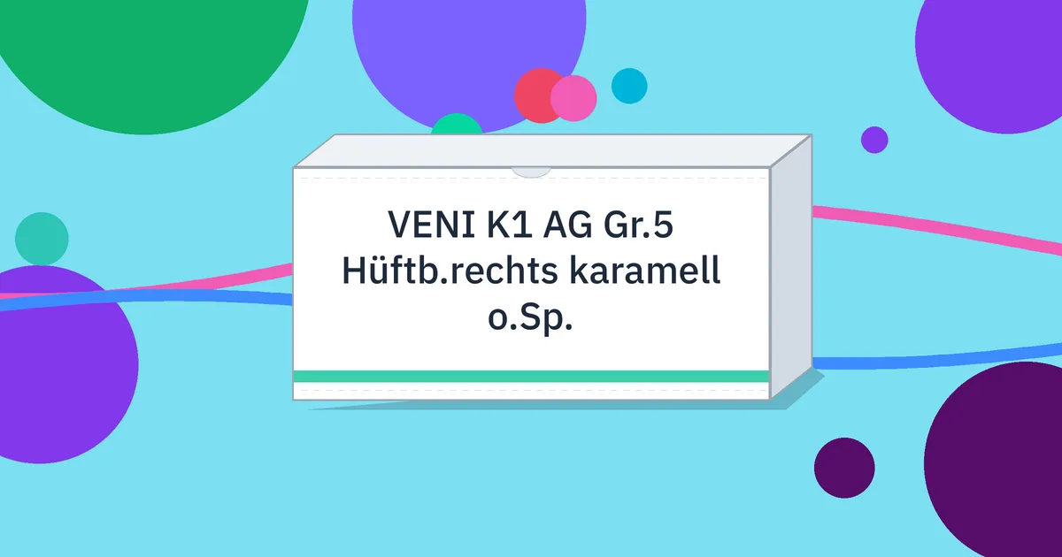 Symbolbild: Packung mit der Aufschrift VENI K1 AG Gr.5 Hüftb.rechts karamell o.Sp. (PZN 13760126) – Verfügbarkeit und Bezug in Apotheken in Frankfurt am Main