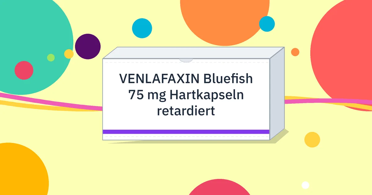 Symbolbild: Packung mit der Aufschrift VENLAFAXIN Bluefish 75 mg Hartkapseln retardiert (PZN 14296441) – Verfügbarkeit und Bezug in Apotheken in Frankfurt am Main