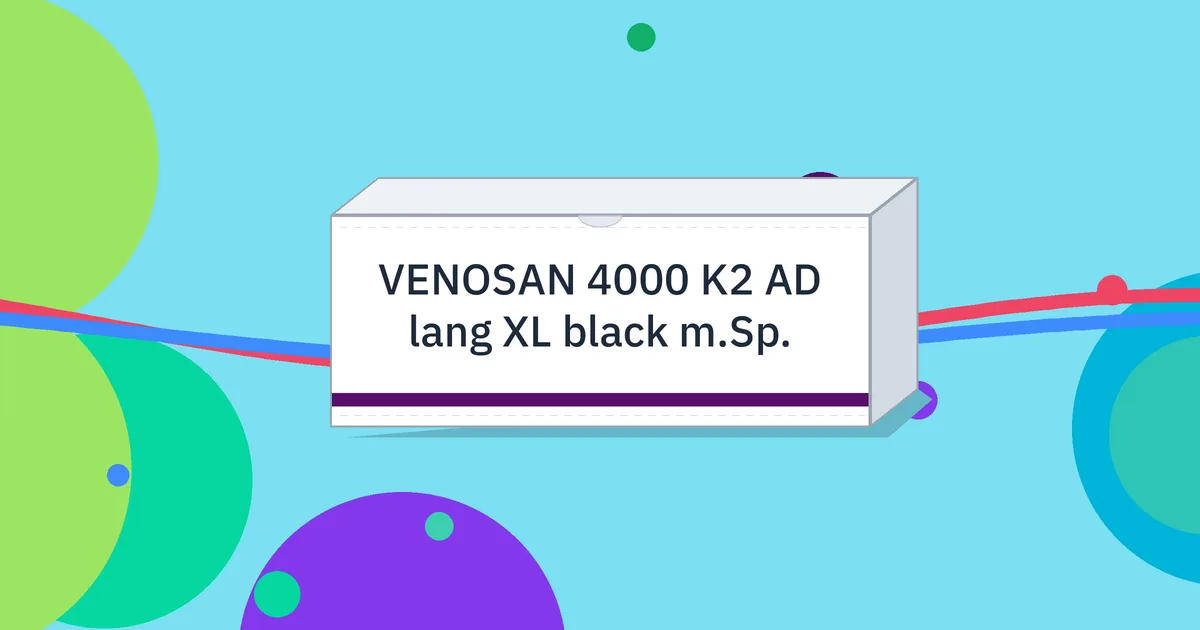 Symbolbild: Packung mit der Aufschrift VENOSAN 4000 K2 AD lang XL black m.Sp. (PZN 14427191) – Verfügbarkeit und Bezug in Apotheken in Frankfurt am Main
